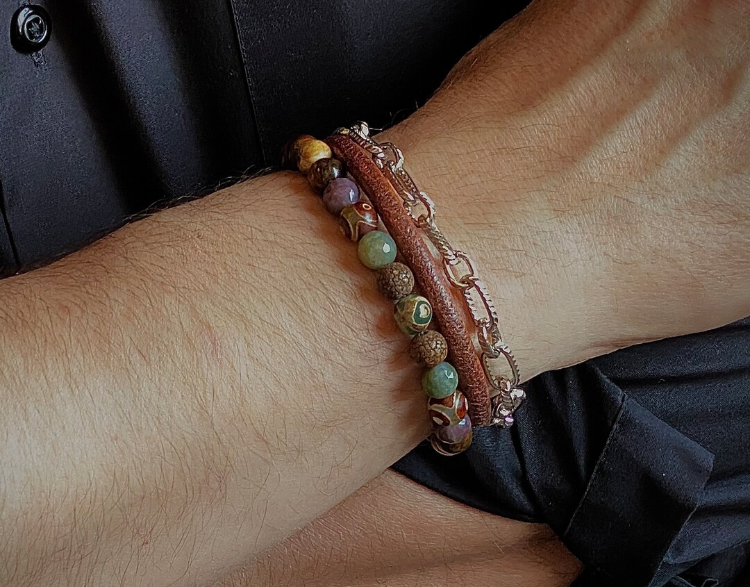 Multi Layer Bracelet Men Wrapped Bangle for Husband Leather and Stone ...