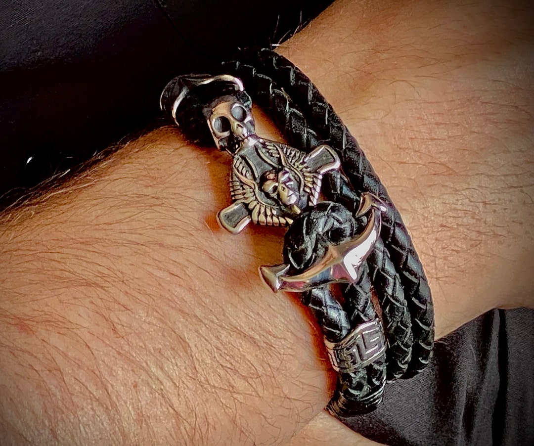 Biker Black Leather Wrapped Bracelet Skull Armband for Rockers Gothic ...