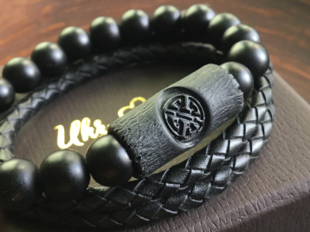 Viking Bangles Set Black Braided Leather Bracelet Black Beads Wristband ...