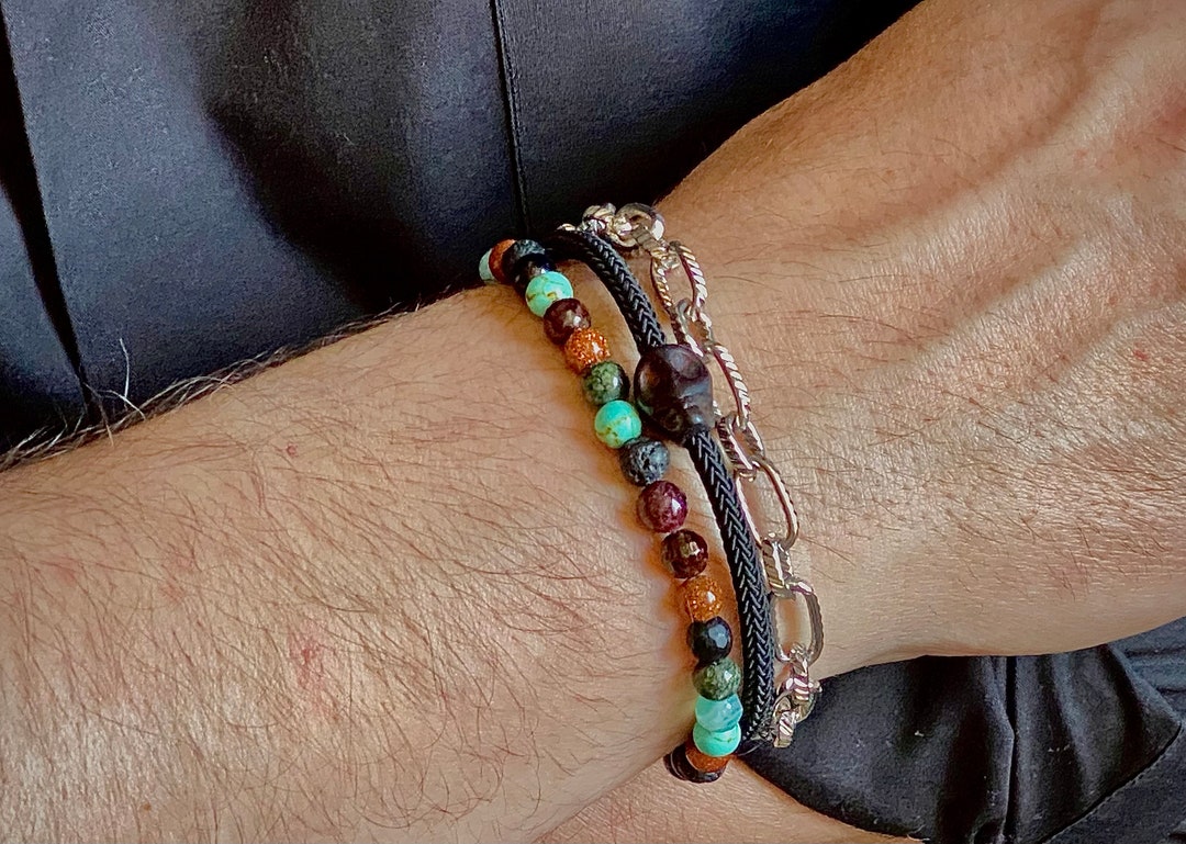 Men Skull Wrapped Bracelet Modern Gothic Bangle Stone Beaded Wristband ...