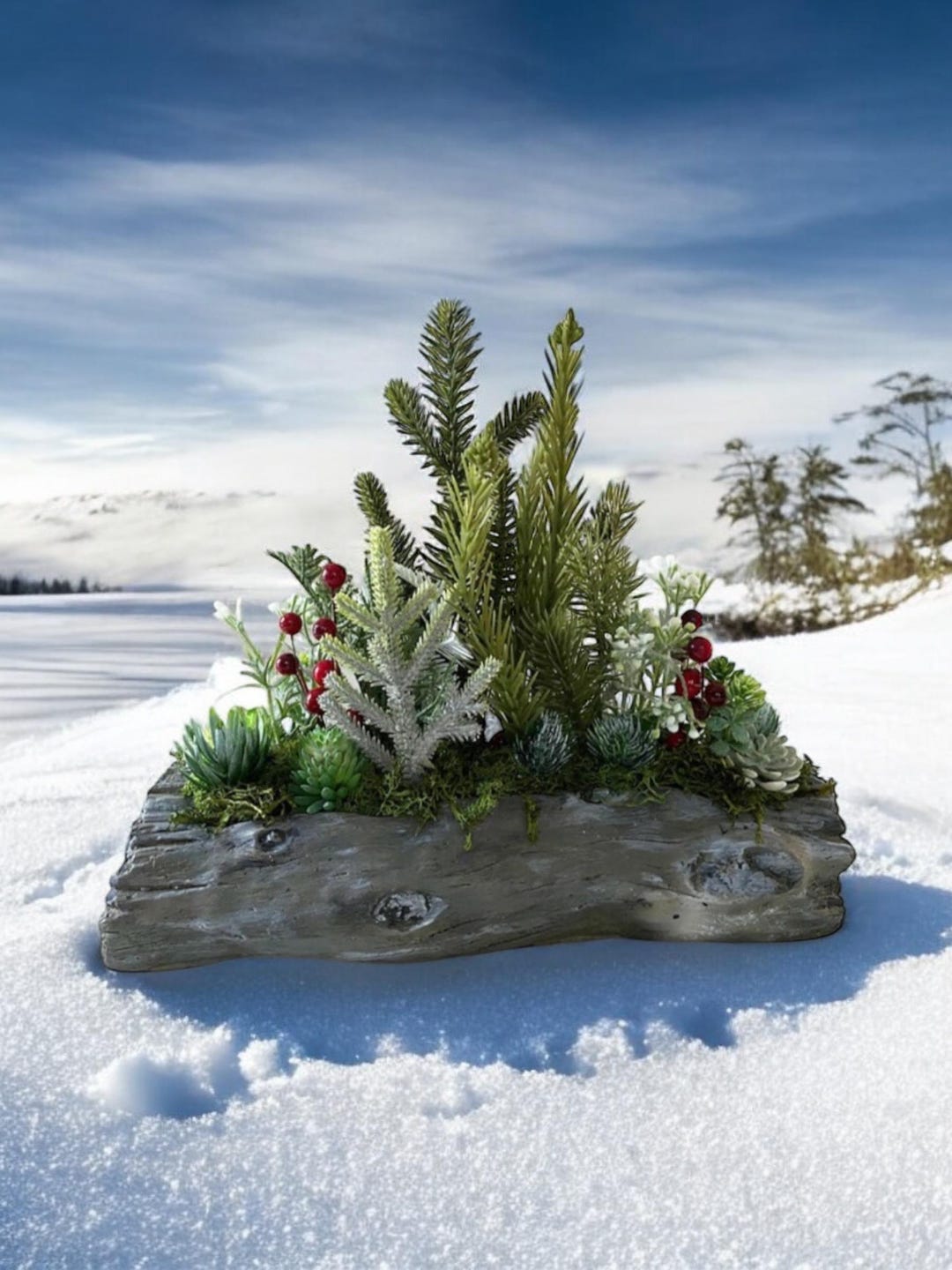 Artificial Christmas Tree Log Arrangement: Winter Greenery Centerpiece ...
