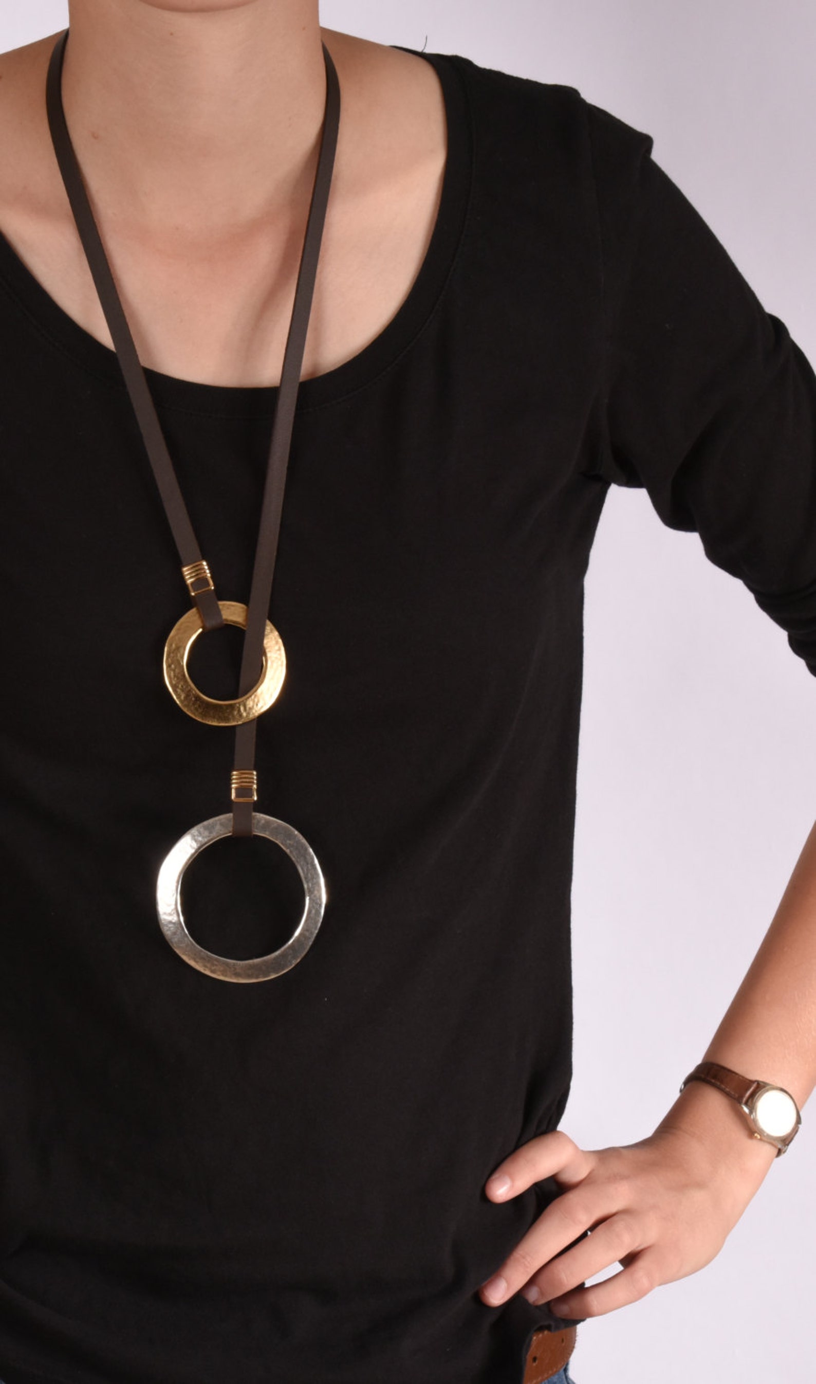 Statement Long Necklace, Long Leather Necklace, Gold & Silver Pendant ...