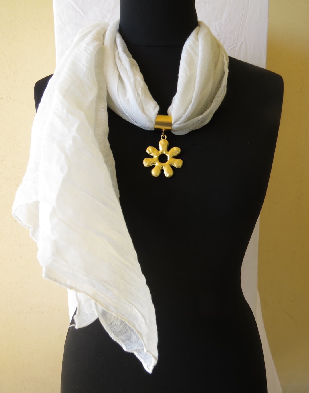 Scarf Jewelry, Scarf Scarves Pendant, Cream Scarf Necklace, Gold Plated ...