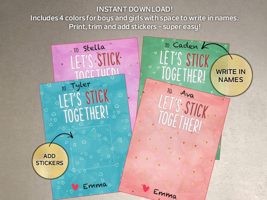 Teacher and Student Valentine's Day Cards, Let's Stick Together ...