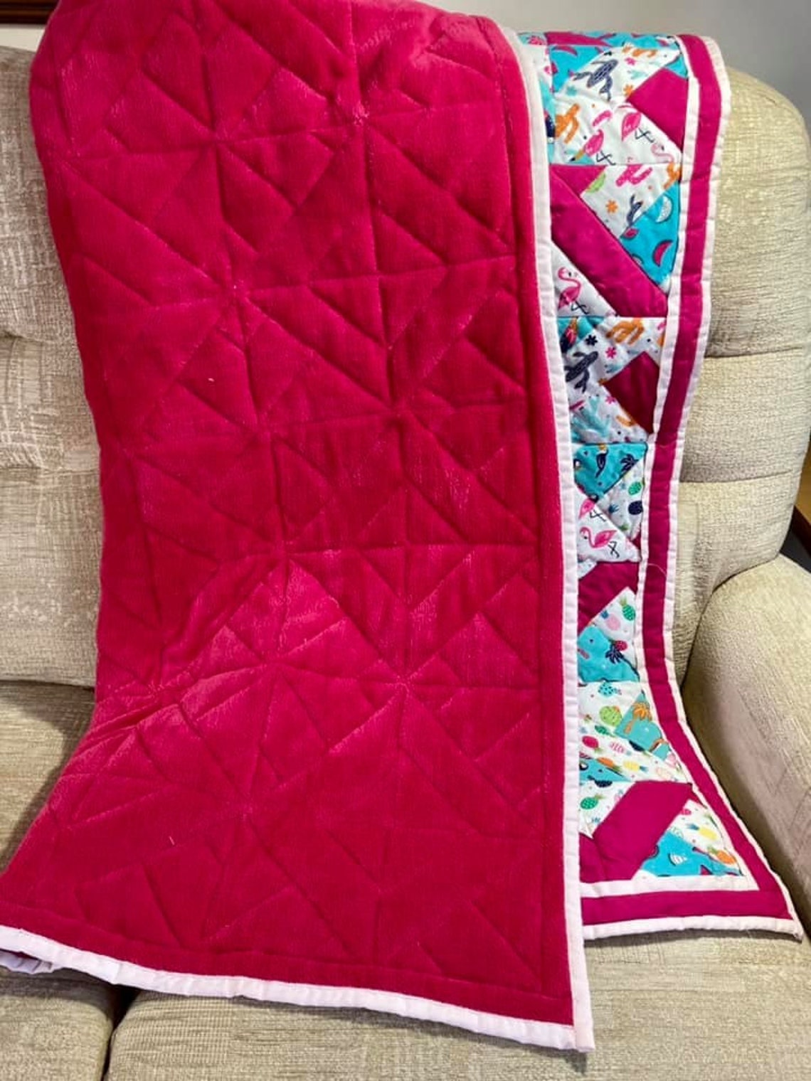 Handmade patchwork quilt flamingo in a tropical random | Etsy