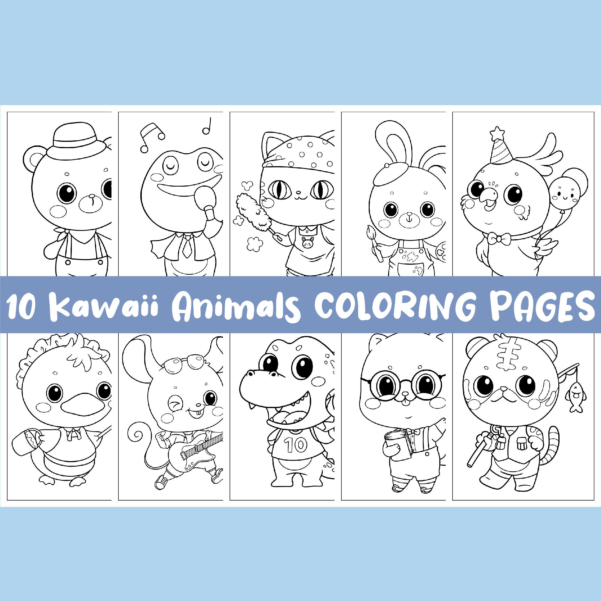 10 Kawaii Animals Coloring Pages - Etsy