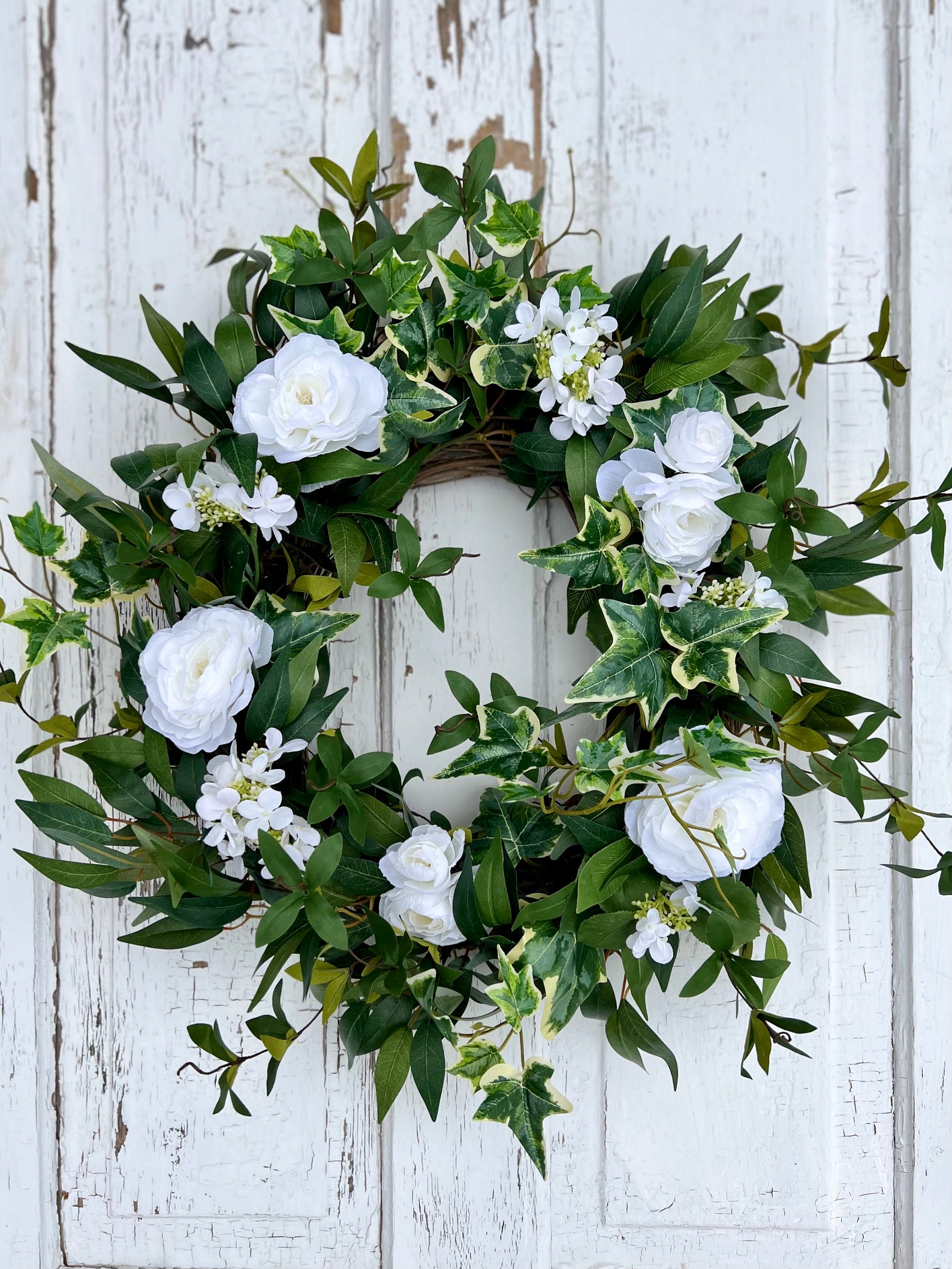 Year Round Greenery Wreath With White Flowers Floral - Etsy