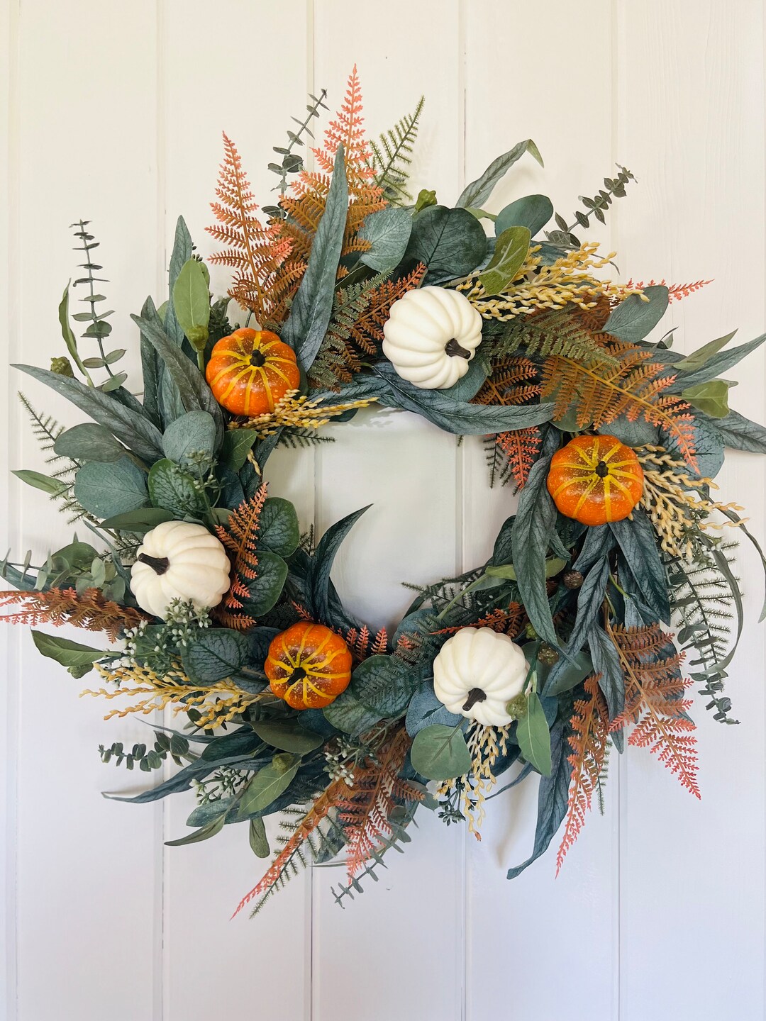 Fall Eucalyptus Wreath for Front Door, Fall Wreath With Pumpkins, White ...