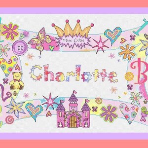 Princess Girls Nameplate Sampler//funky Pink Nameplate Cross Stitch ...