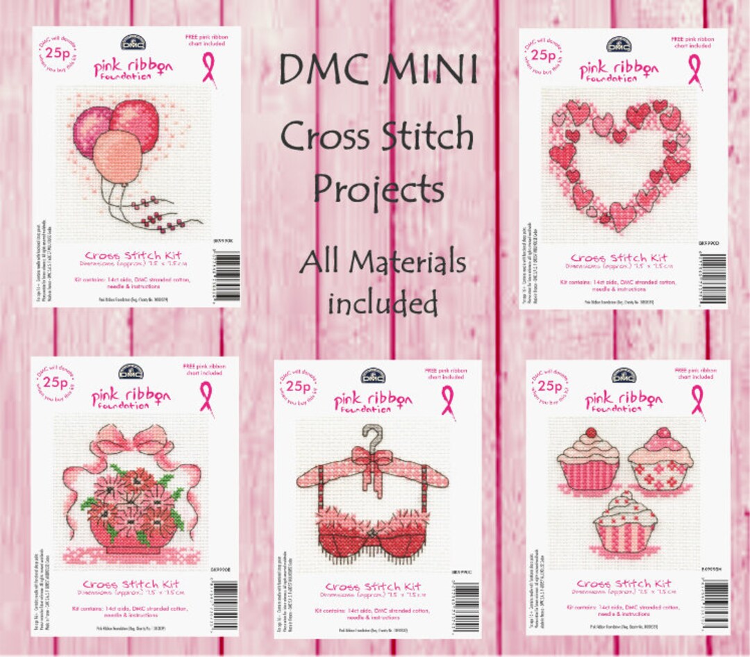 DMC // Mini Cross Stitch Kits // Pink Ribbon Foundation Cross Stitch ...