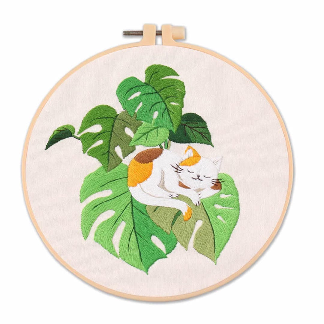 Sleepy Leaf Cat Embroidery Kit / Cute Cat Embroidery Kit / Retro Cat ...