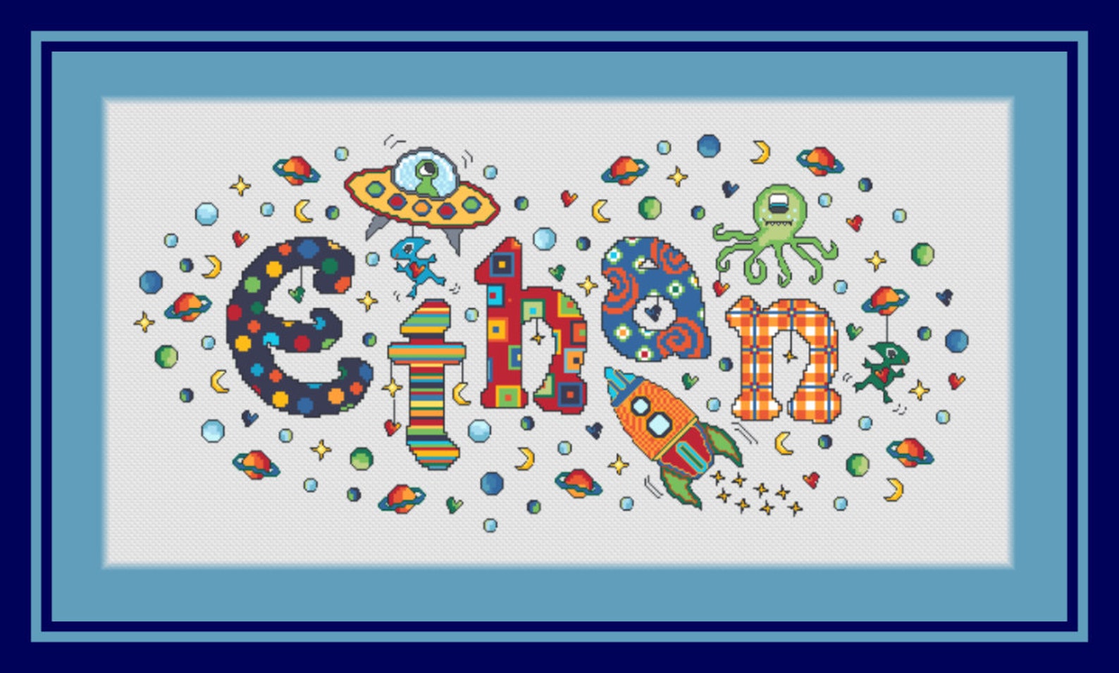 Cross Stitch Outer Space Boys Nameplate // Rocket Name Cross Stitch ...