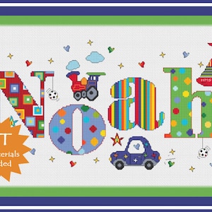Complete Kit // Transport Boys Nameplate Sampler// Name Cross Stitch ...