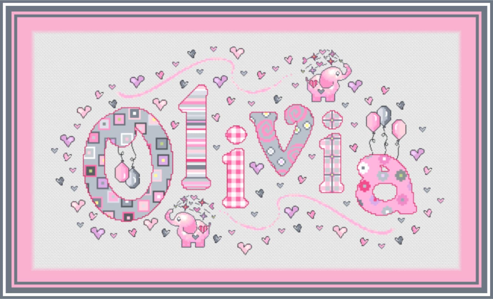 PDF Bespoke Chart // Pink Elephant Sampler// Elephant Name Cross Stitch ...