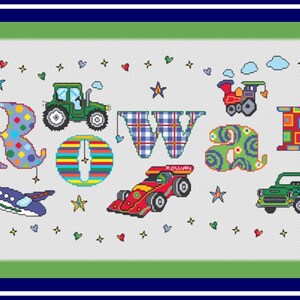 Complete Kit // Transport Boys Nameplate Sampler// Name Cross Stitch ...