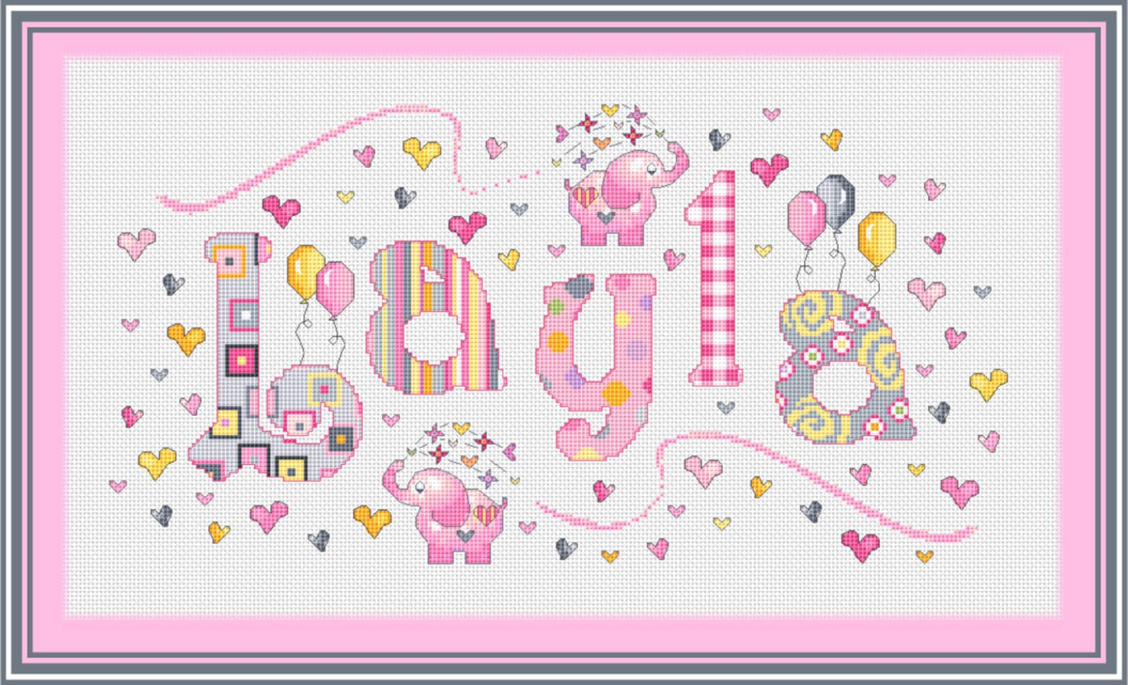 PDF Bespoke Chart // Pink Elephant Sampler// Elephant Name Cross Stitch ...
