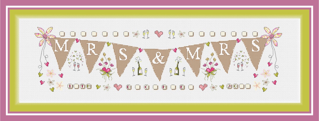 Mrs & Mrs Wedding Bunting Personalized Cross Stitch Nameplate Rose ...