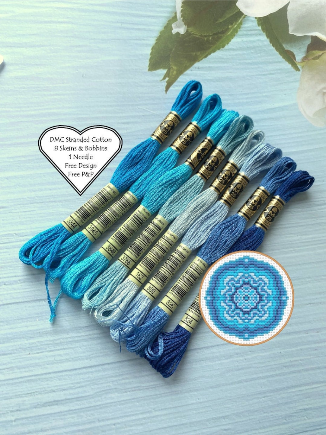 DMC Stranded Cotton / 8 Skeins Blue Turquoise Shades / DMC Threads ...