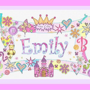 Princess Girls Nameplate Sampler//funky Pink Nameplate Cross Stitch ...