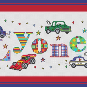 Complete Kit // Transport Boys Nameplate Sampler// Name Cross Stitch ...