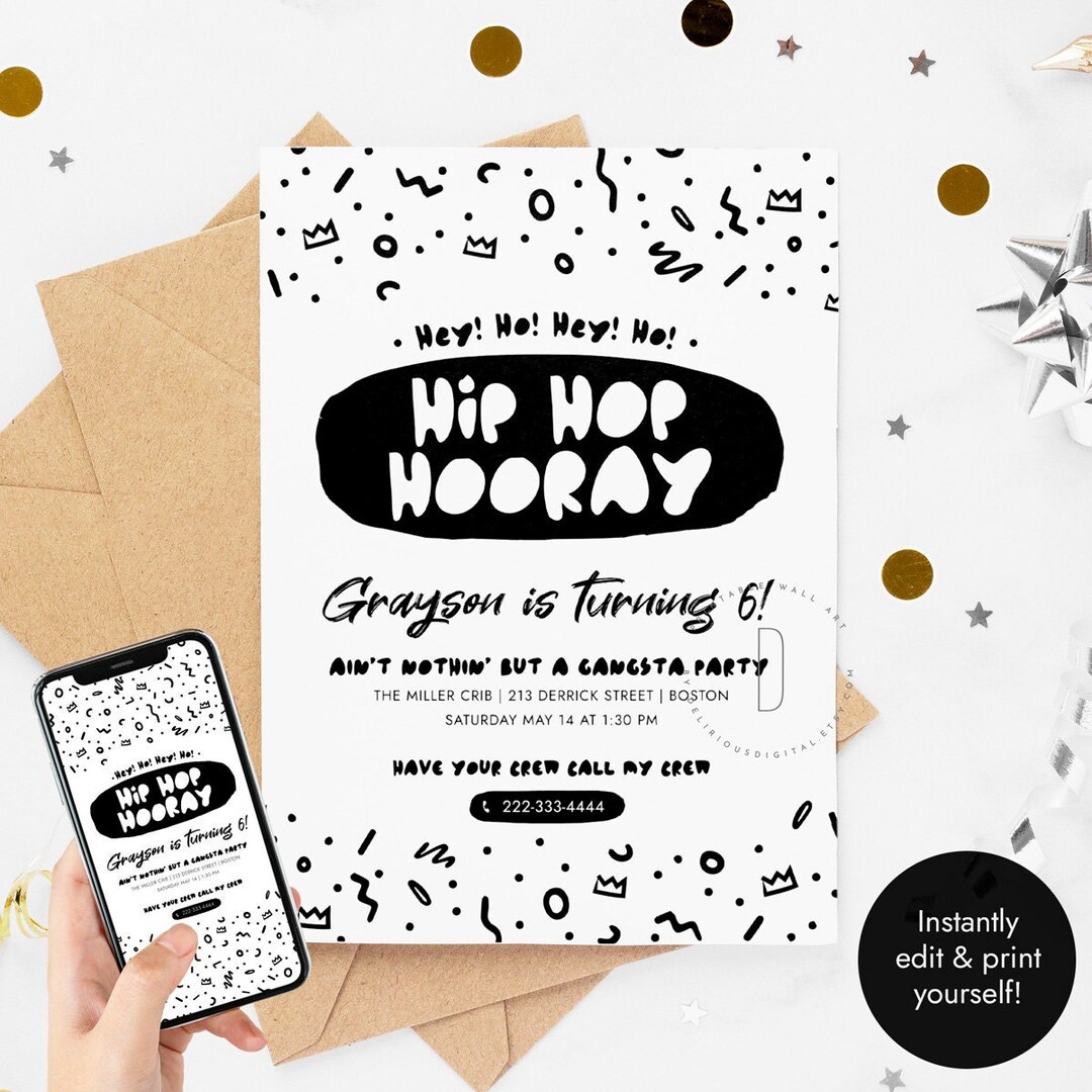 Editable 6th Birthday Invitation, Hip Hop Hooray, Kids Hip Hop Party ...