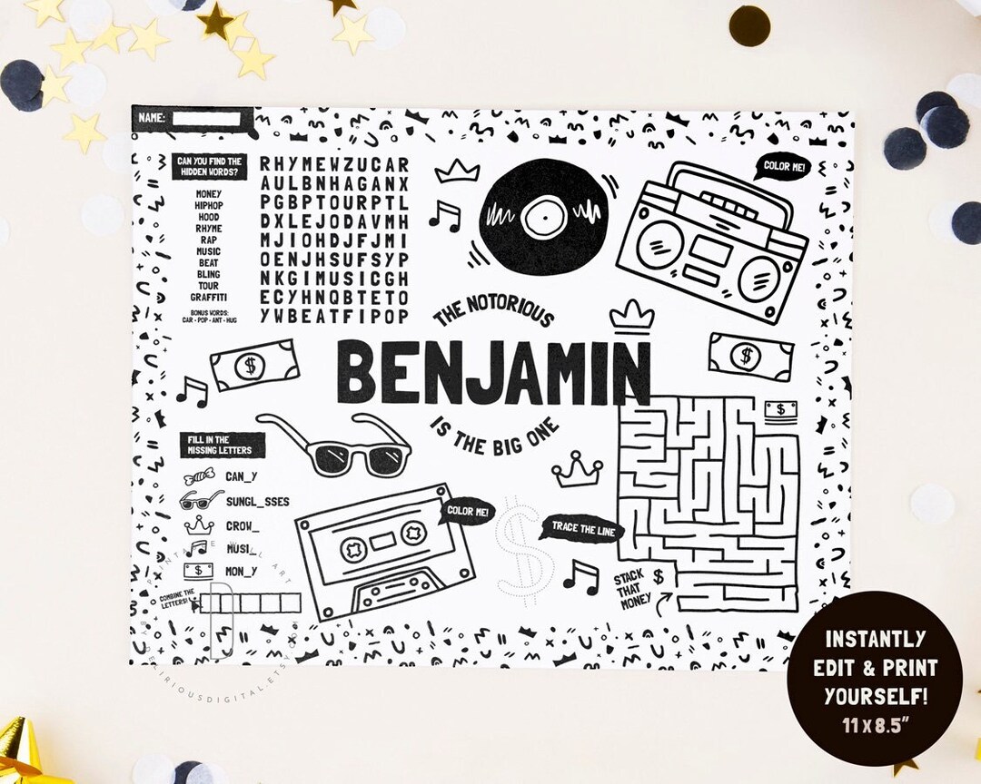 Notorious One Birthday Activity Placemat, Hip Hop Printable, Game Sheet ...