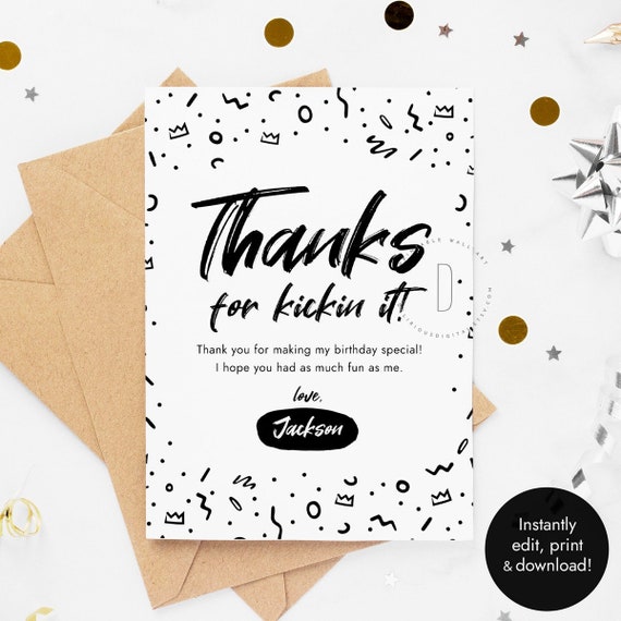 Editable Thanks for Kicking It Party Thank You Card | Etsy
