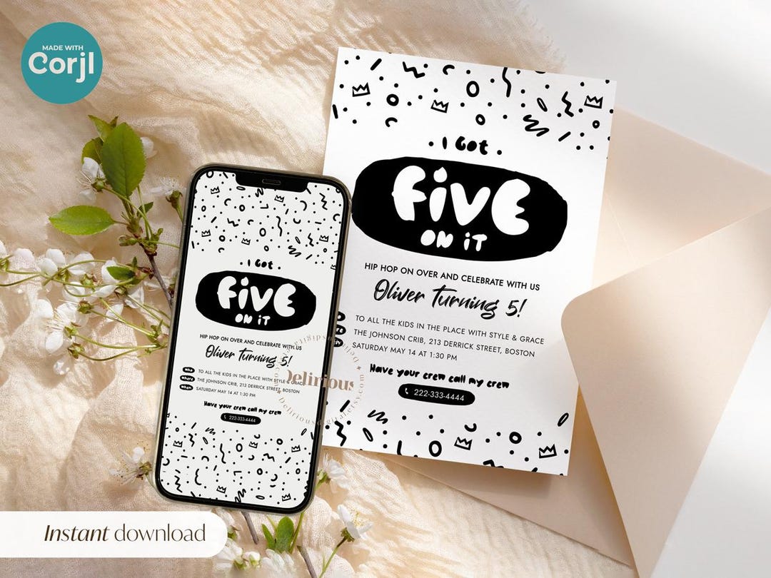 I Got Five on It Invitation, Editable 5th Birthday Party Decor, 90s Hip ...