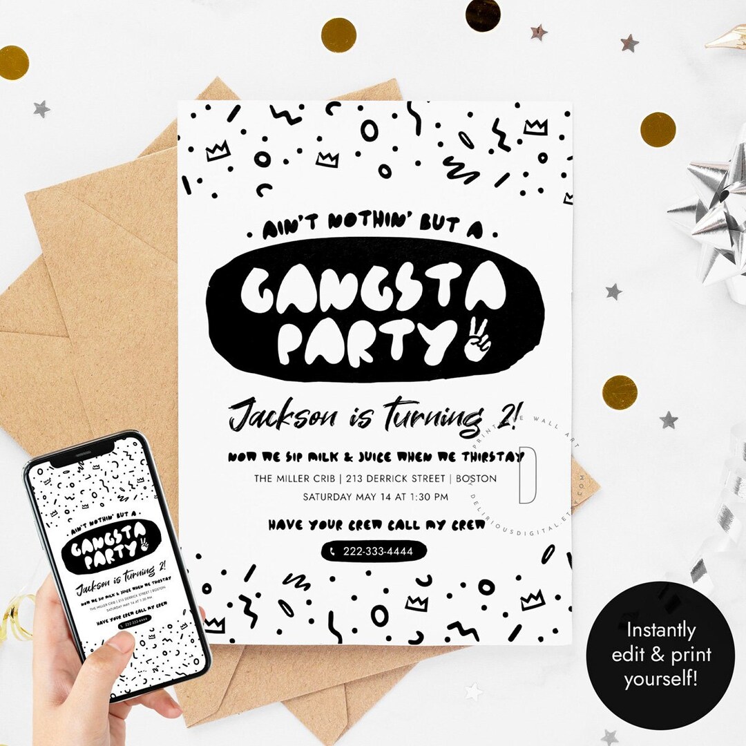 Editable Gangsta Party Invitation, 2 Legit to Quit Birthday, Two Legit ...