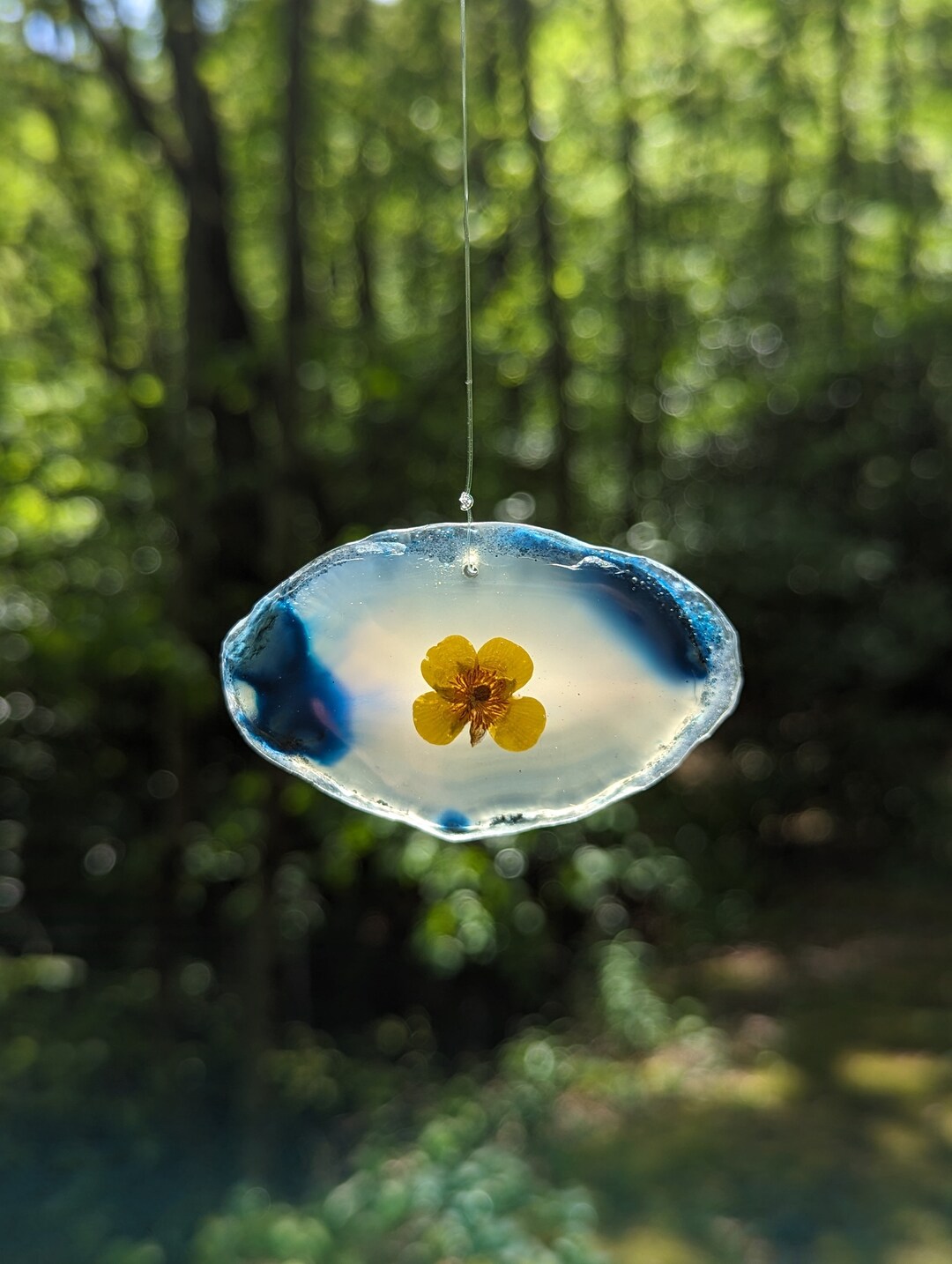 Real Pressed Buttercup Flower Botanical Agate Hanging Crystal ...