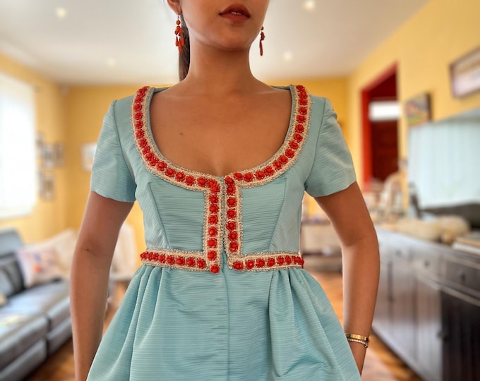 Exquisite 1960s Lisa Meril Aqua Blue Corded Silk and Beaded Empire ...