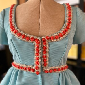 Exquisite 1960s Lisa Meril Aqua Blue Corded Silk and Beaded Empire ...