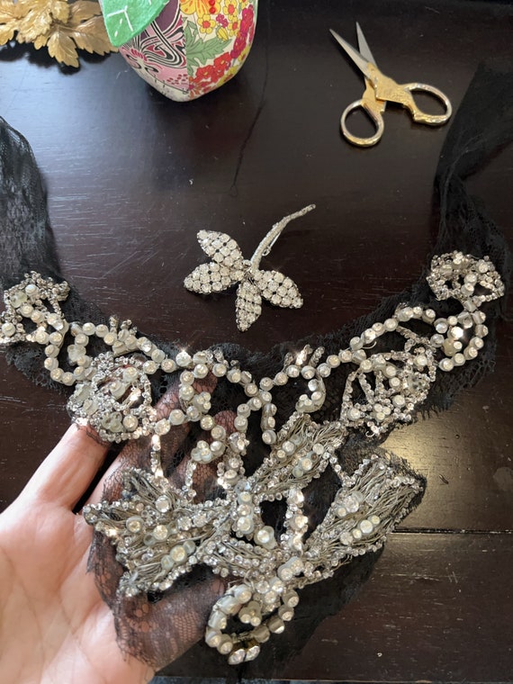 1920s rhinestone and paste stone on vintage lace bib … - Gem