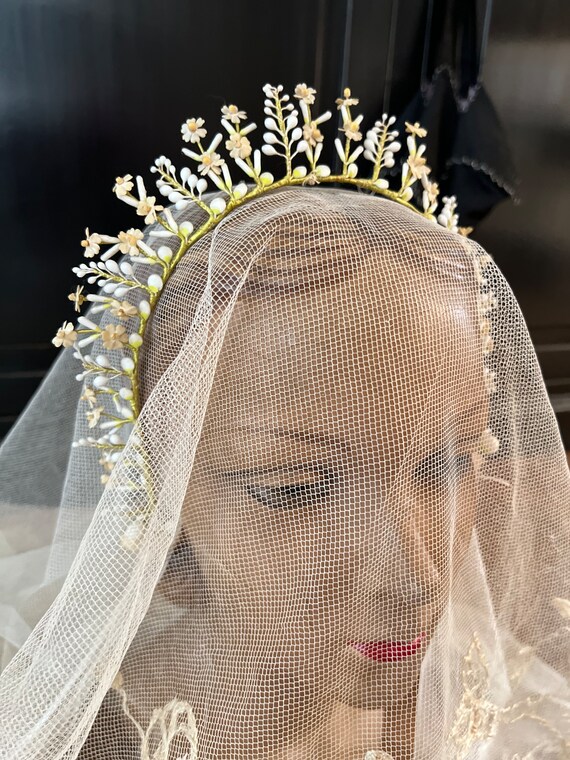 1920s wax floral headpiece with embroidered veil and … - Gem