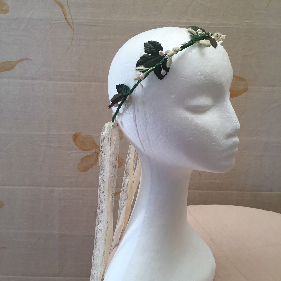 Handmade Bridal Wreath Coronet Using Vintage Lace Ribbon Pearl Wax Buds ...