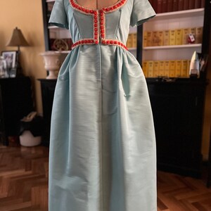 Exquisite 1960s Lisa Meril Aqua Blue Corded Silk and Beaded Empire ...