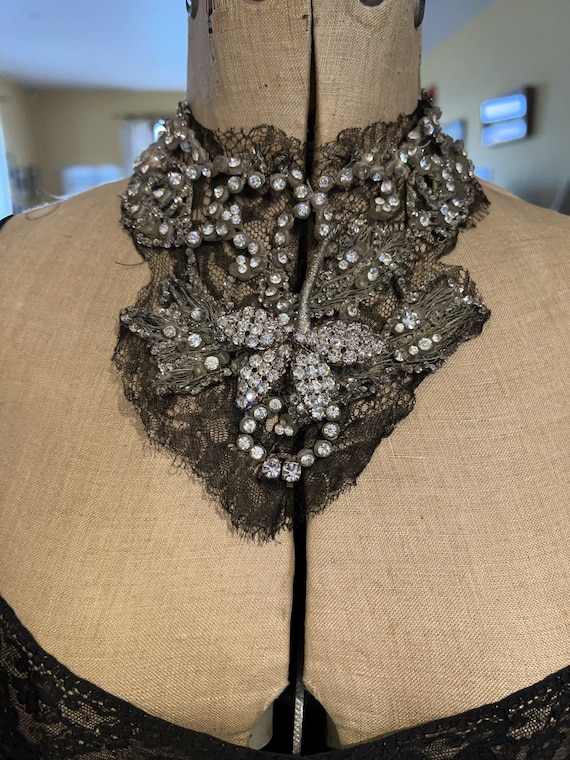 1920s rhinestone and paste stone on vintage lace bib … - Gem
