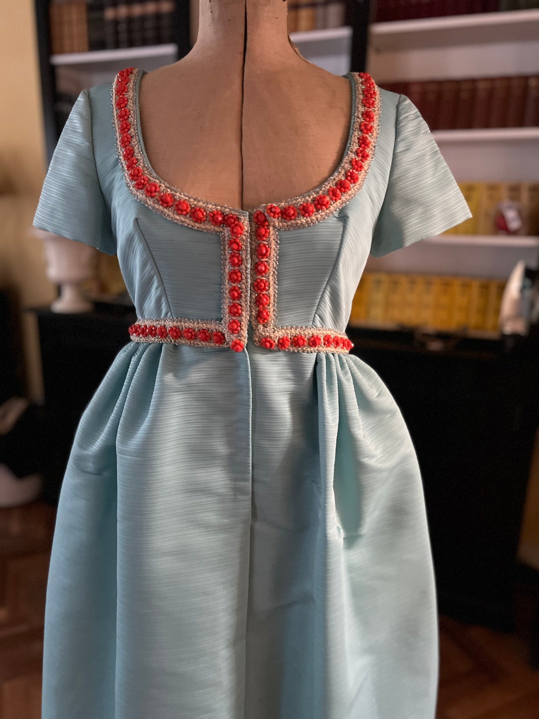 Exquisite 1960s Lisa Meril Aqua Blue Corded Silk and Beaded Empire ...
