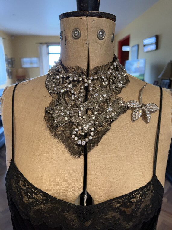 1920s rhinestone and paste stone on vintage lace bib … - Gem