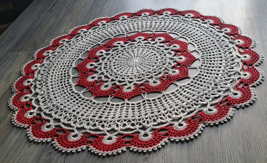 Doily/crochet 26inch Doily/cotton Crochet Tablecloth/red-white Doily ...