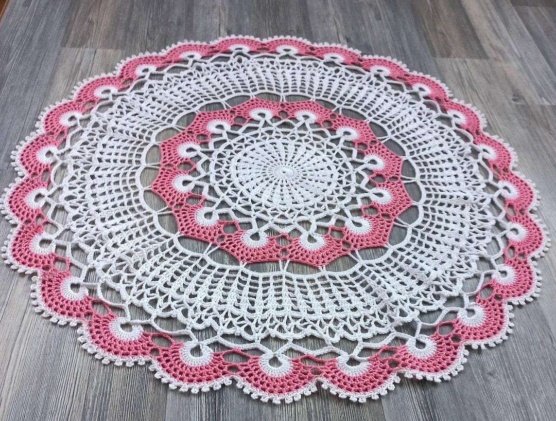 Doily/crochet 24inch Doily/cotton Crochet Doily/white-pink Doily/table ...