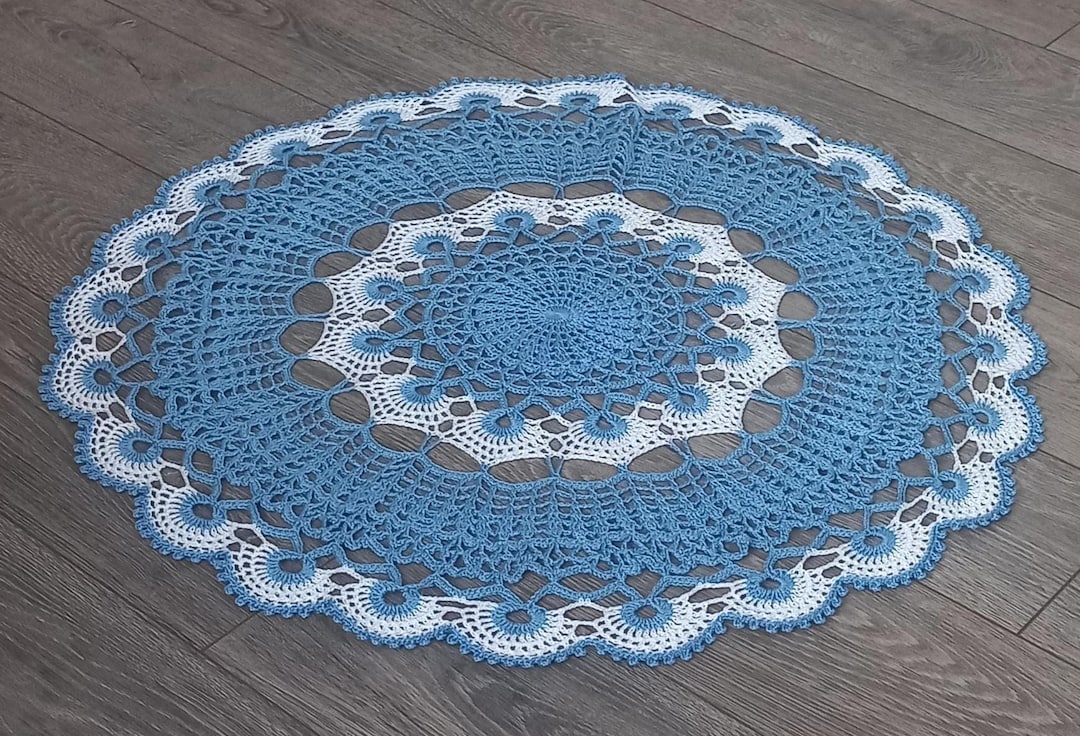 Doily/crochet 26inch Doily/cotton Crochet Doily/white-blue Doily/table ...