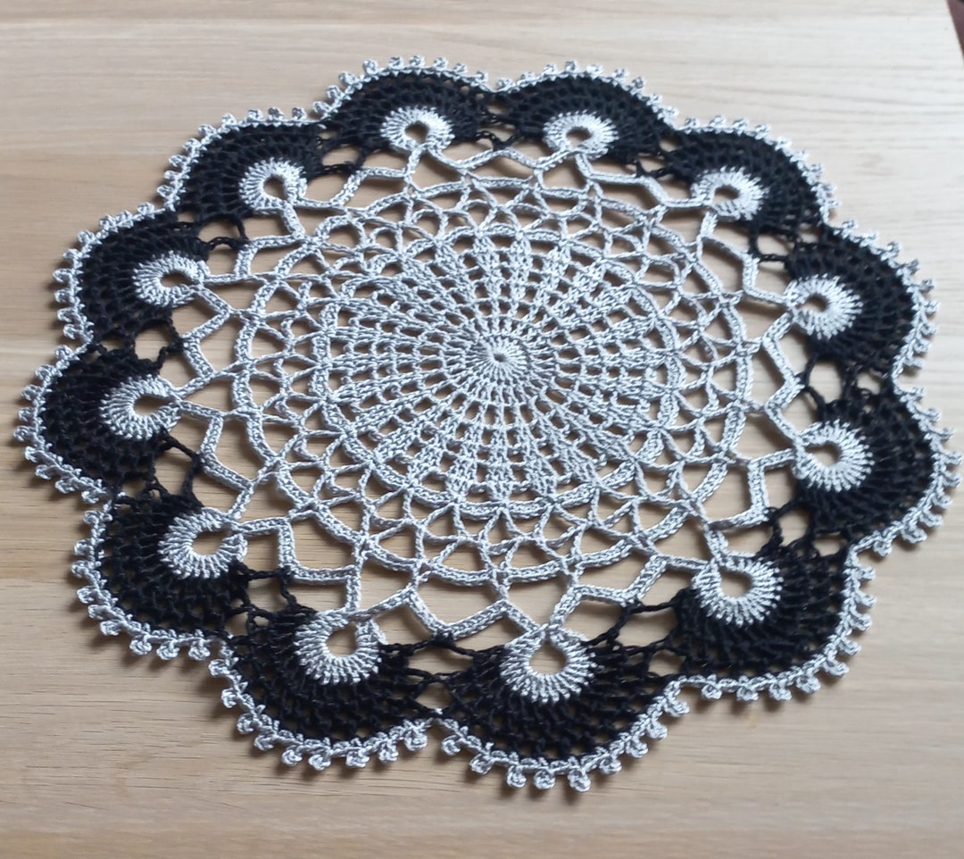 Doily/crochet 13 Inch Doily/cotton Crocheted Doily/black-gray Doily ...