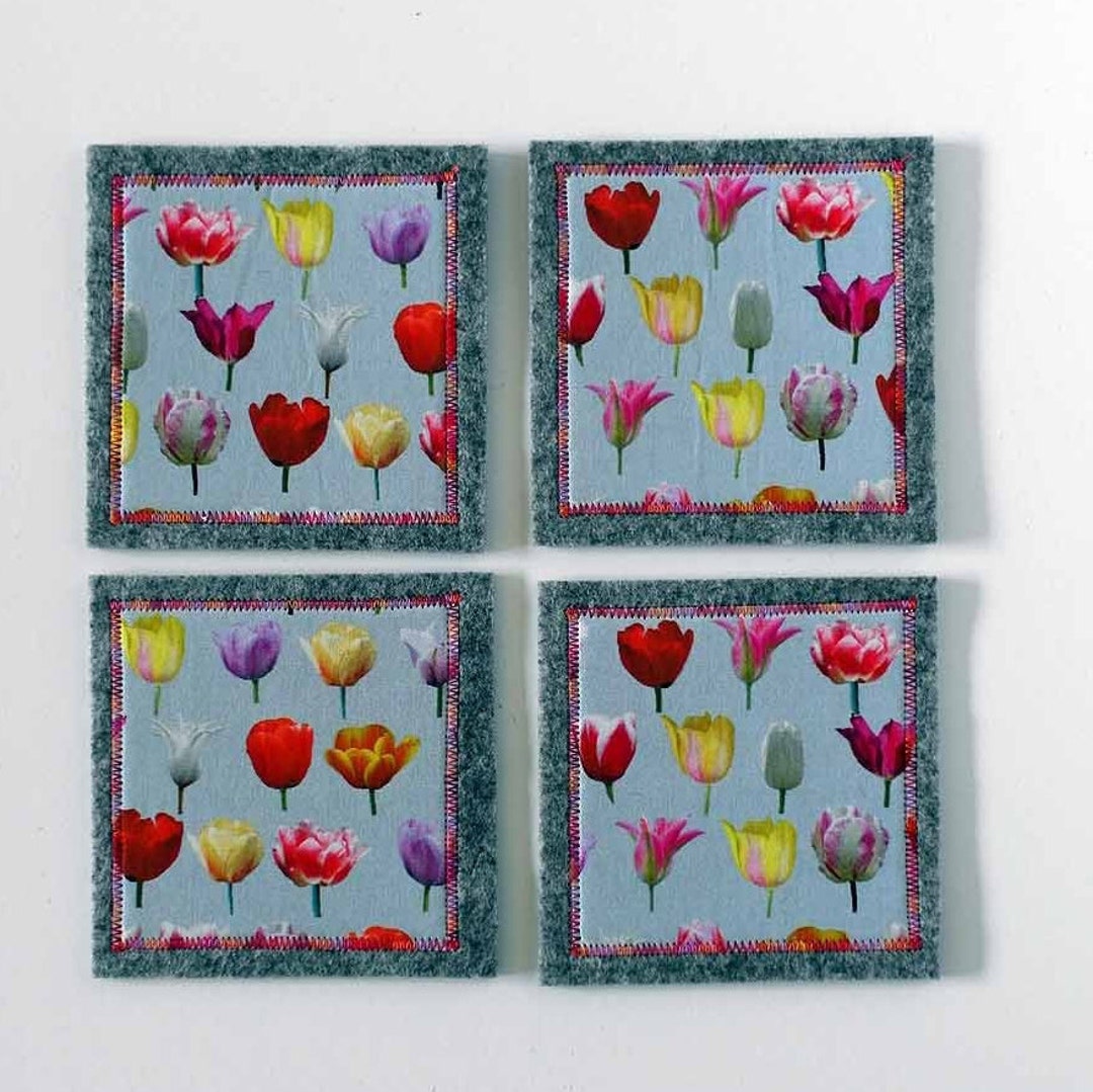 Set of 4 coasters with small tulips light grey fabric - Etsy.de