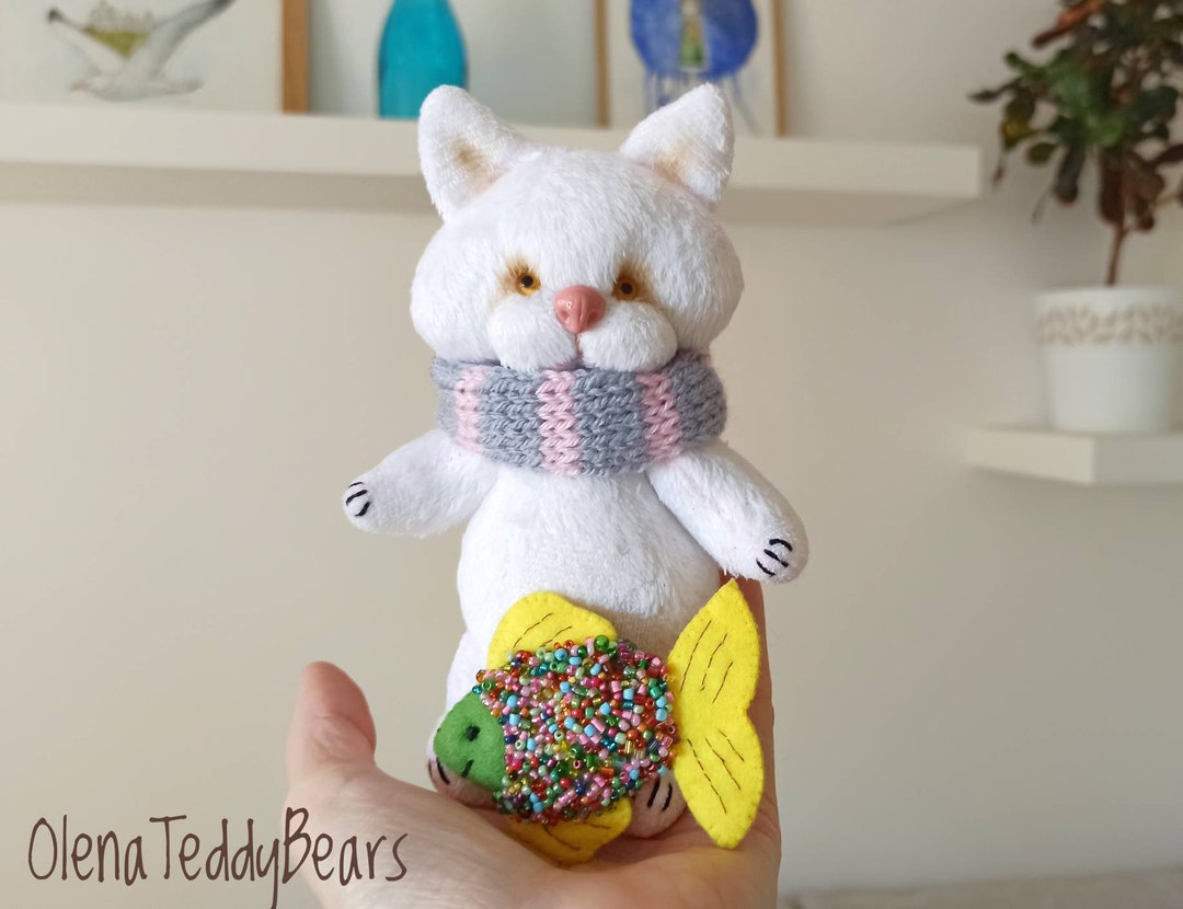 White Plushie Cat, Small Stuffed Animal, Teddy Cat Gift, Plush Interior ...