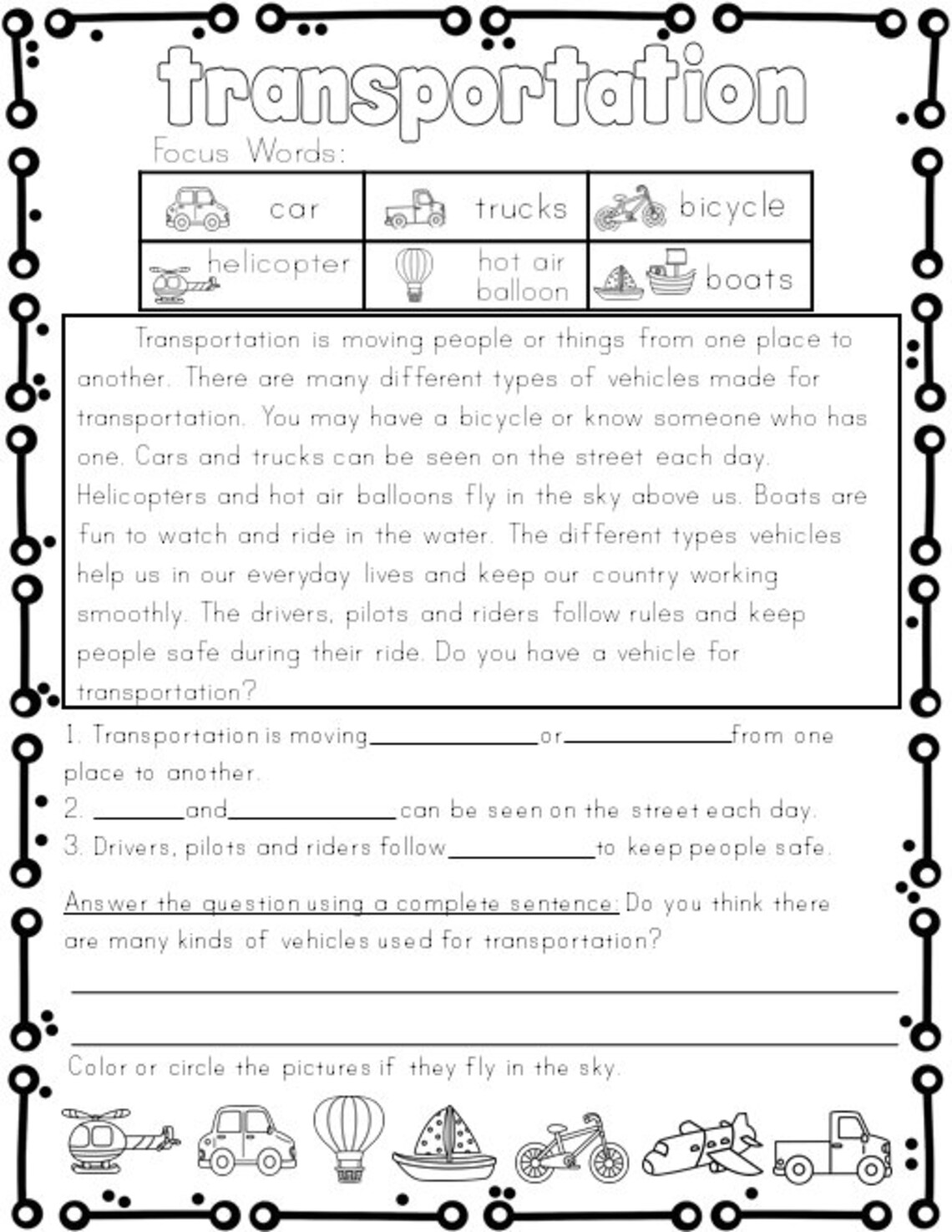 Reading Comprehension and Writing Transportation - Etsy