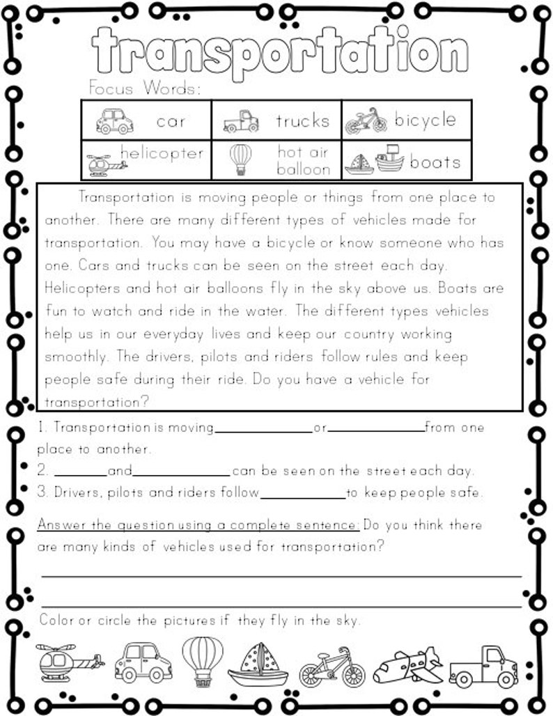 Reading Comprehension and Writing Transportation - Etsy