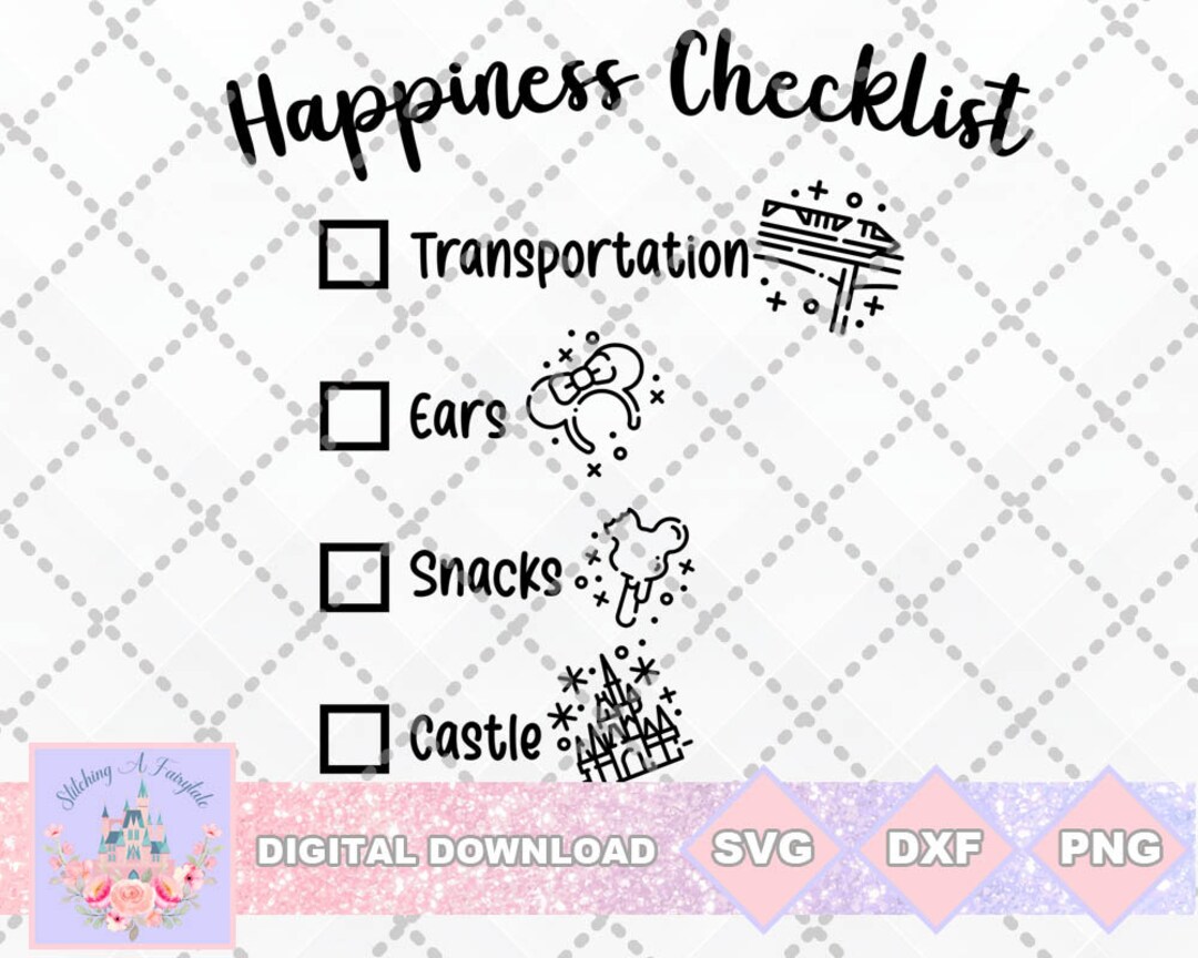 Happiness Checklist Magical Theme Park Icon Snacks Ears Castle SVG PNG ...