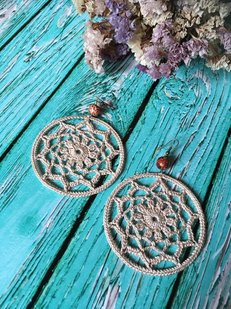 Crochet beige earrings craft earrings hoop openwork | Etsy