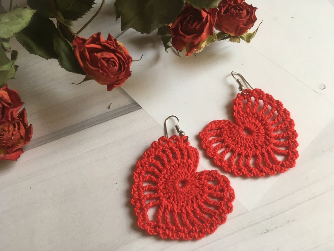 Crochet openwork hearts crochet dangle earrings openwork | Etsy